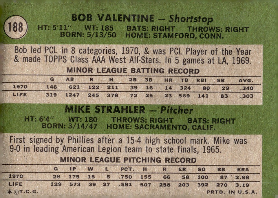 1971 Topps - #188 Dodgers Rookies - Bob Valentine / Mike Strahler RS ...