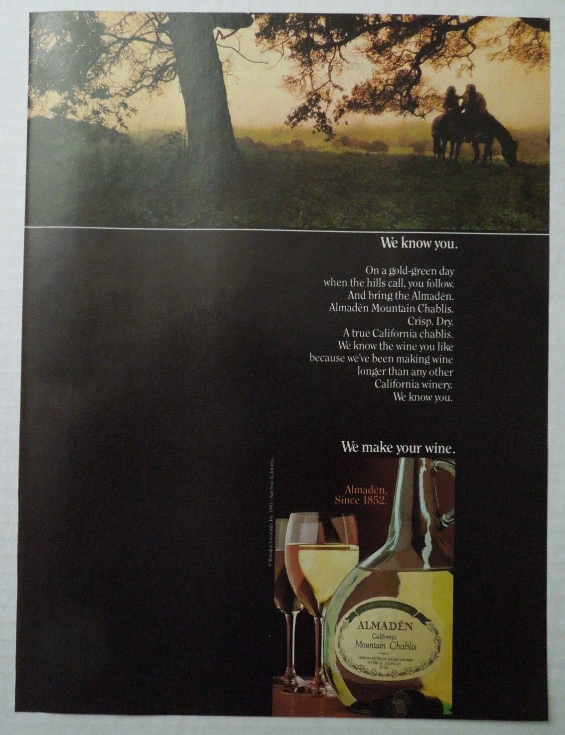 1983 ALMADEN California Mountain Chablis Magazine Ad - We Know You. | eBay