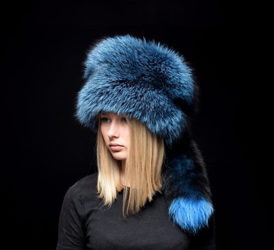 Real Blue Silver Fox Fur Winter Hat Beanie Detachable Tail | eBay