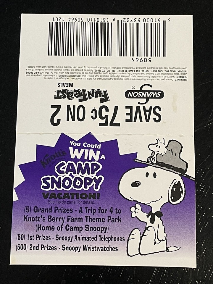 VERY RARE! Vintage Swanson Dinners Coupons Featuring 2 Camp Snoopy Trip ...