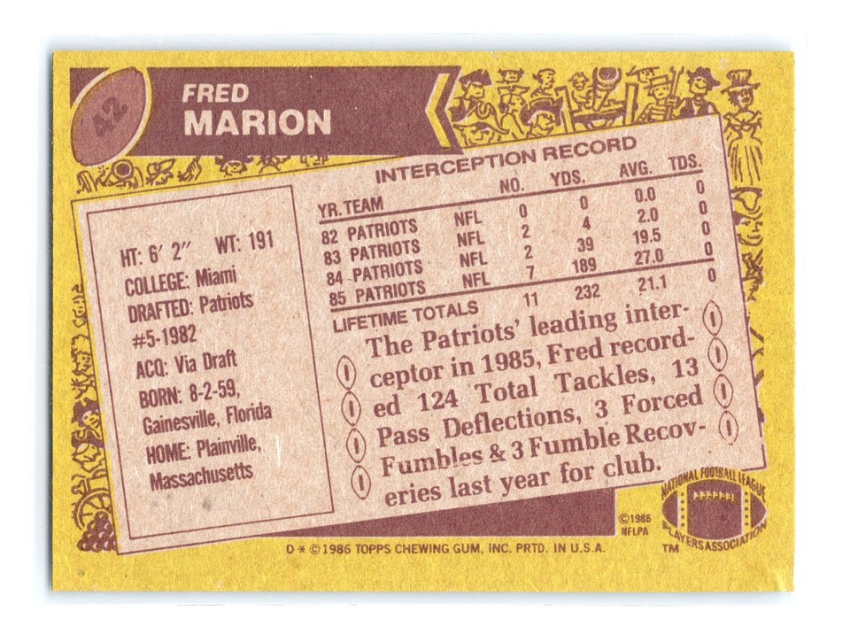 1986 Topps Football #42 Fred Marion RC Rookie New England Patriots | eBay
