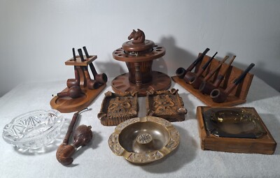 Vintage Lot of Briar Pipes, Holders, Ashtrays. Please Read Descriptions ...