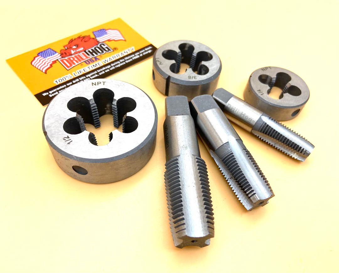 6 Pc Pipe Tap & Die Set 1/4, 3/8, 1/2 NPT Taps 1/4", 3/8", 1/2" Dies ...