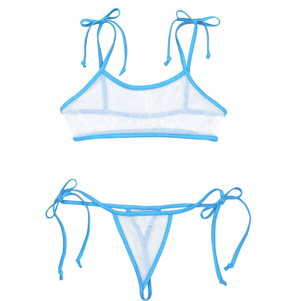 Women Transparent Swimsuit Self-tie Micro Mini Bikini Set Bra Top with ...