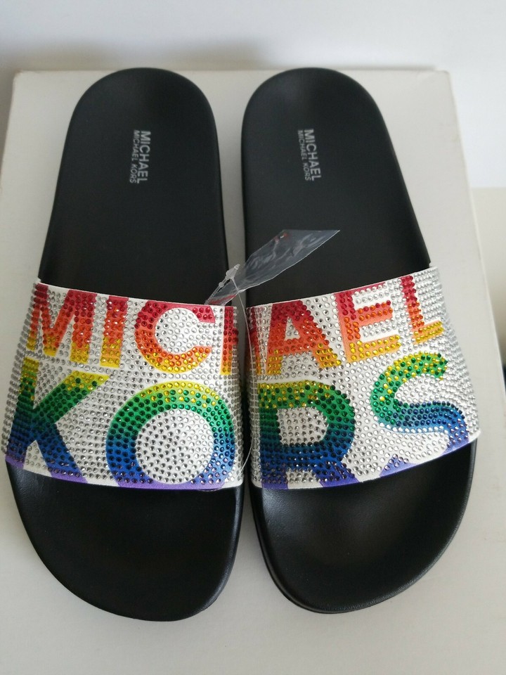 MICHAEL KORS GILMORE ICONIC WHITE RAINBOW CRYSTAL MK LOGO SLIDES I LOVE ...