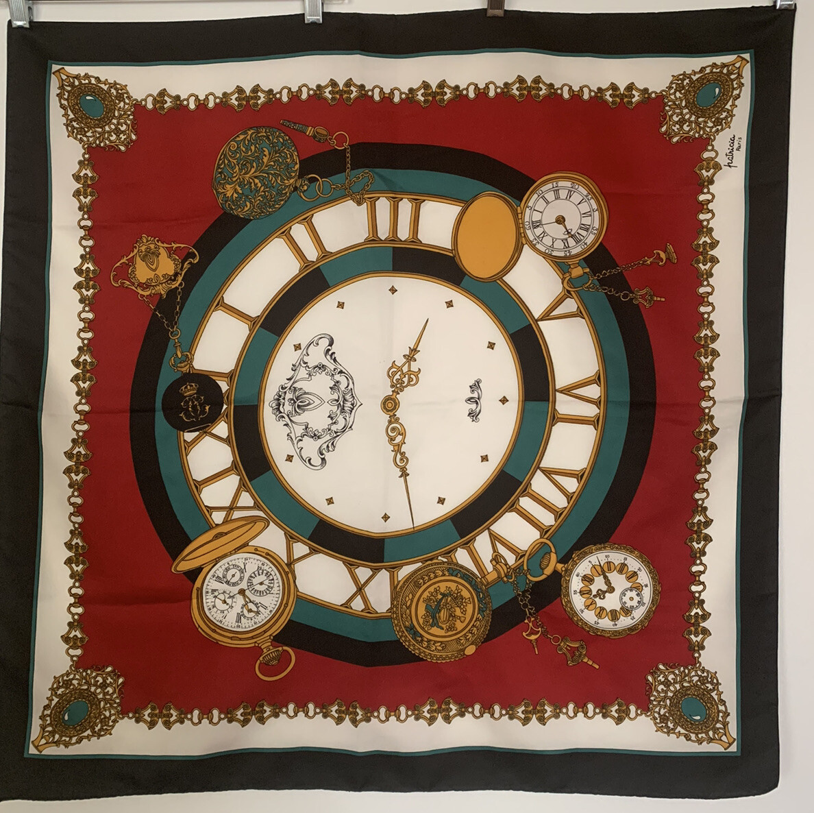 Vintage Patricia Paris Red Scarf Clocks 30“ X 30“ Made in Italy R3-O4 ...
