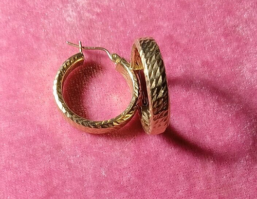 14K Solid Yellow Gold Hoops Hammered Look 23 mm Round Snap Back | eBay