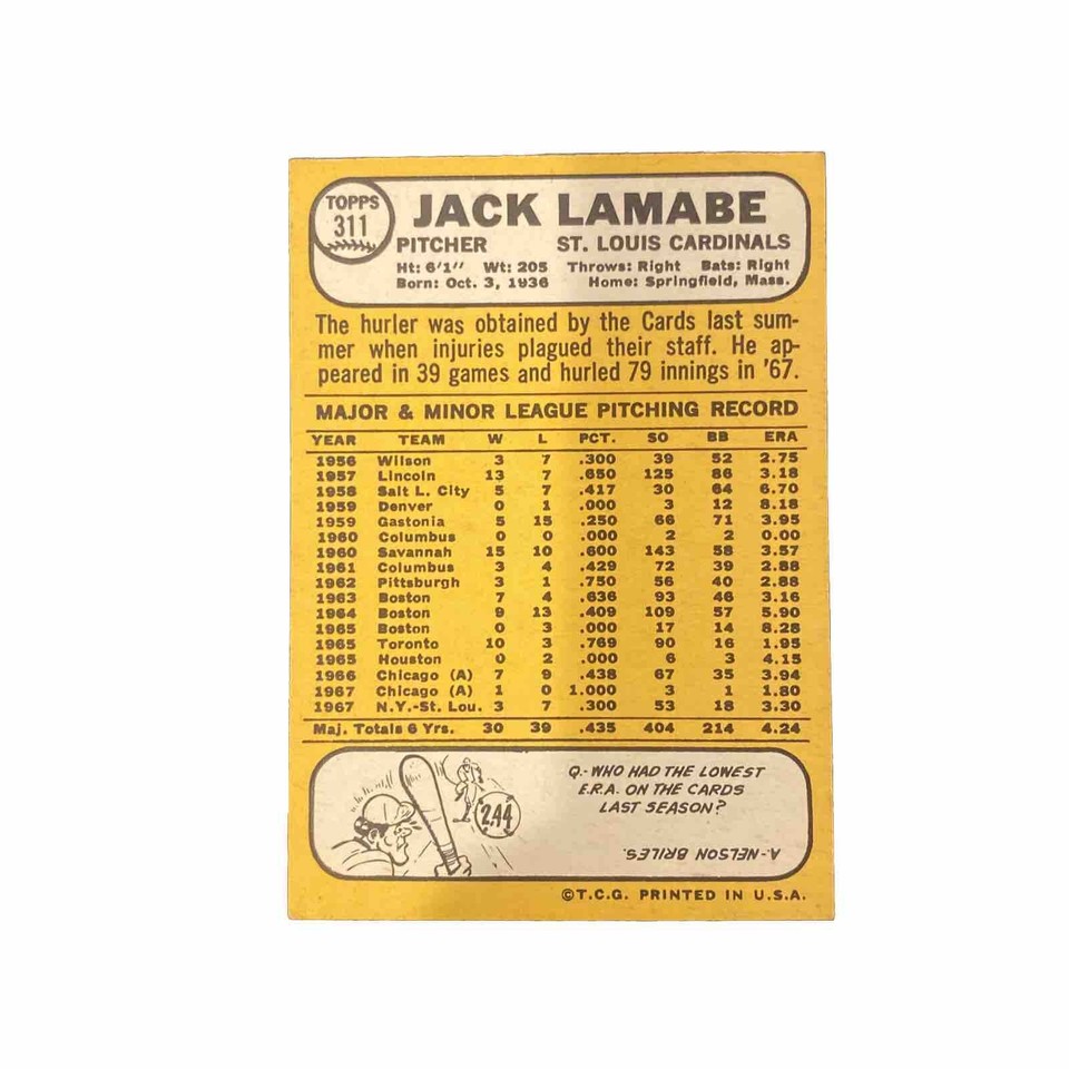 1968 Topps Jack Lamabe #311 | eBay