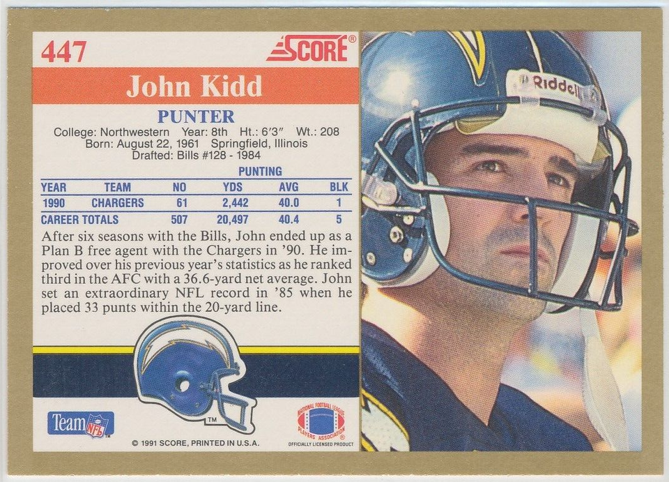 John Kidd - San Diego Chargers - 1991 Score Football - Base - #447 | eBay
