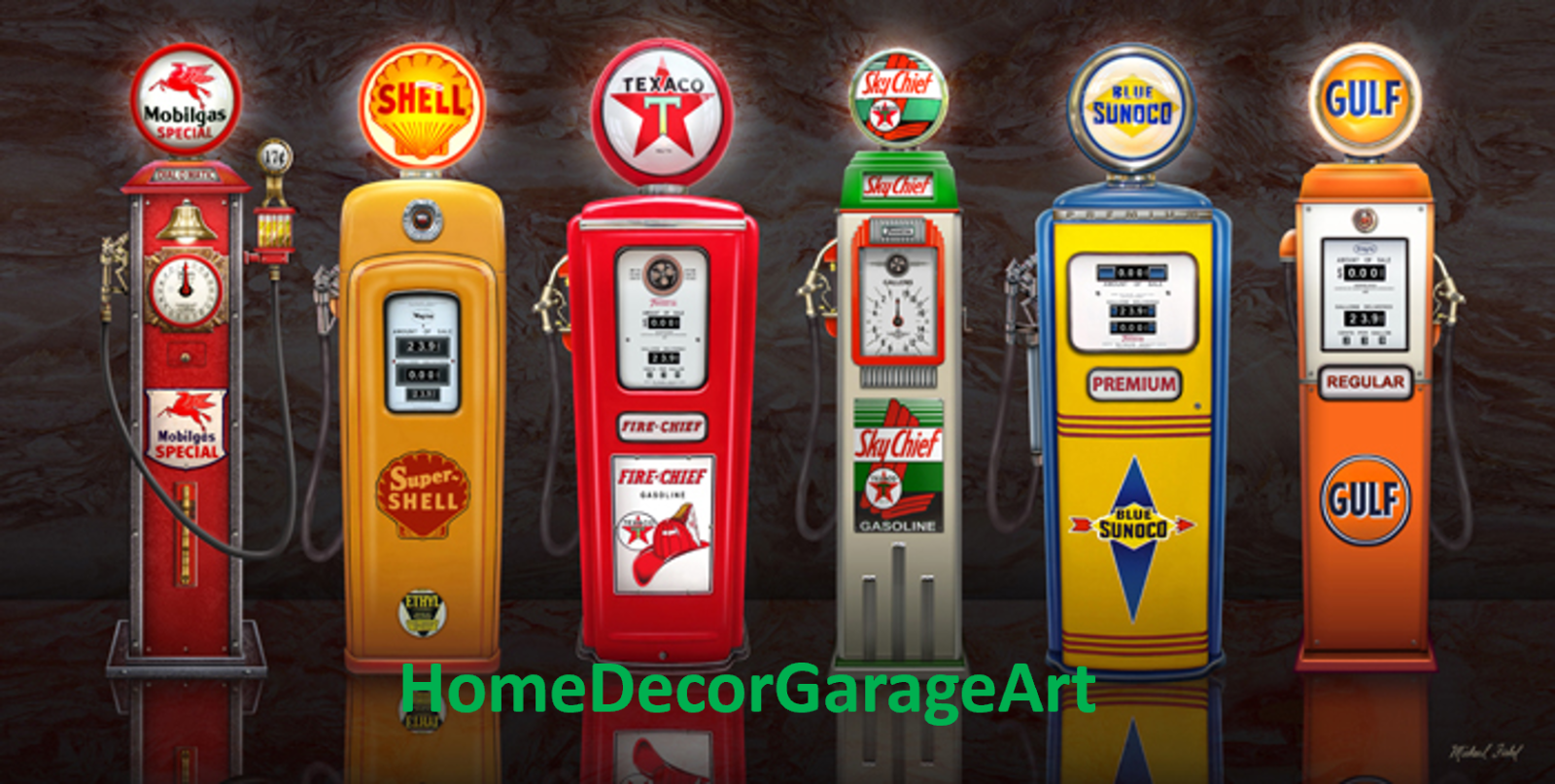 Vintage Gas Pumps Artist Rendition, 22 Gauge Flat Metal Sign, Garage ...