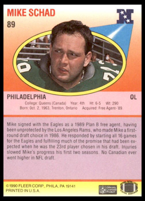 1990 Fleer #89 Mike Schad Philadelphia Eagles | eBay