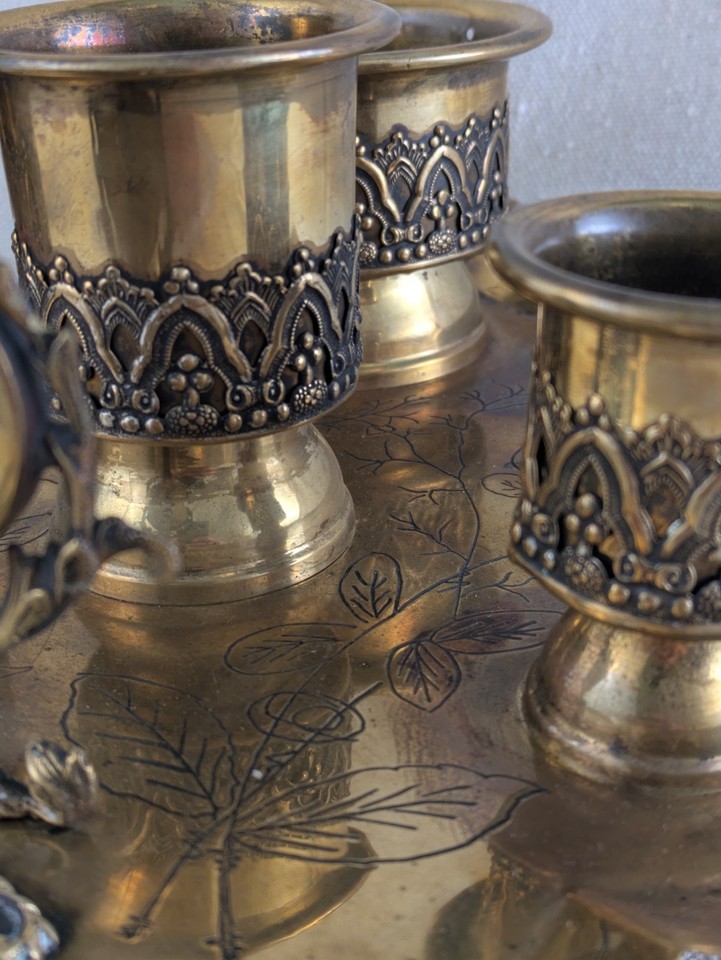 Antique Brass Smoking Set w/ Cigar Cutter & Ornate Cups Victorian Tray ...
