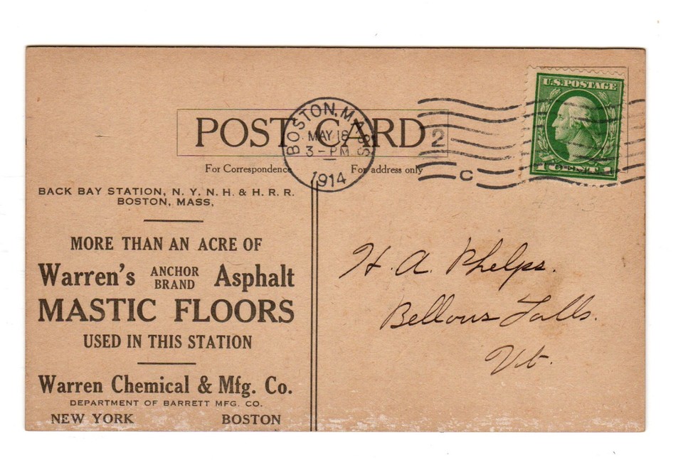 OLD POSTCARD MASTIC FLOORS WARREN CHEMICAL BACK BAY RAIL STATION BOSTON ...
