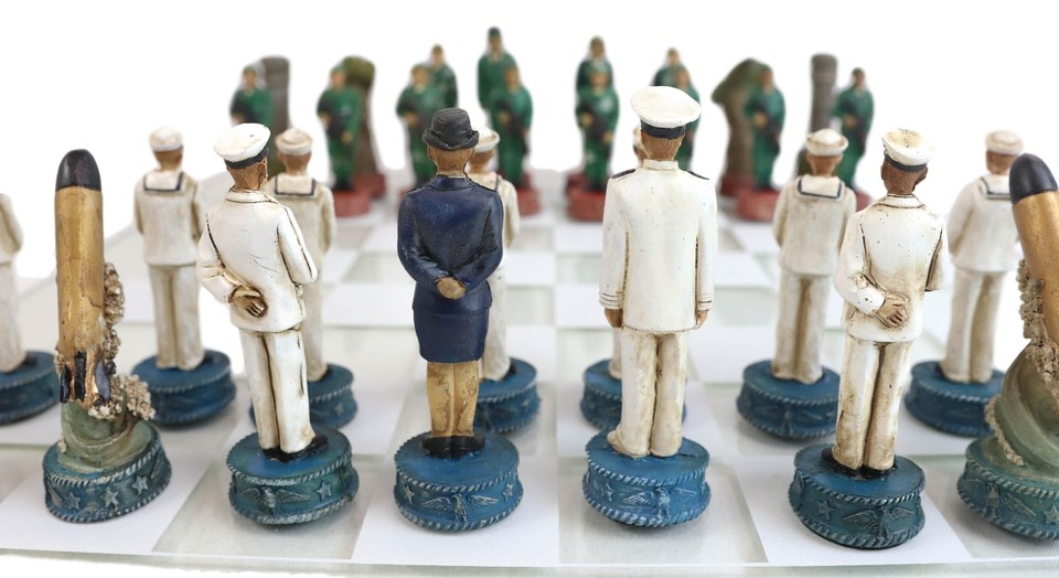 USA Soldier Theme Army vs Navy Chess Set Hand Painted with Glass Board ...