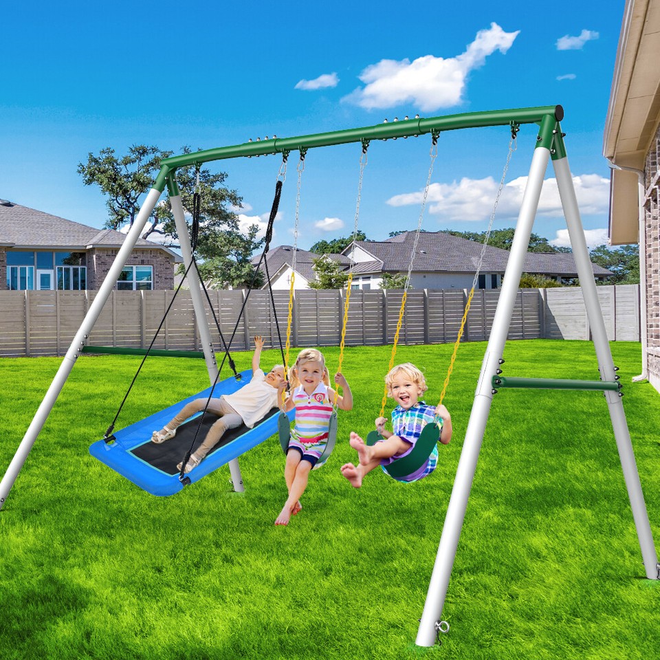 Hapfan 700lbs 7.3ft Heavy Duty Frame Metal Swing Set Kids Backyard with ...