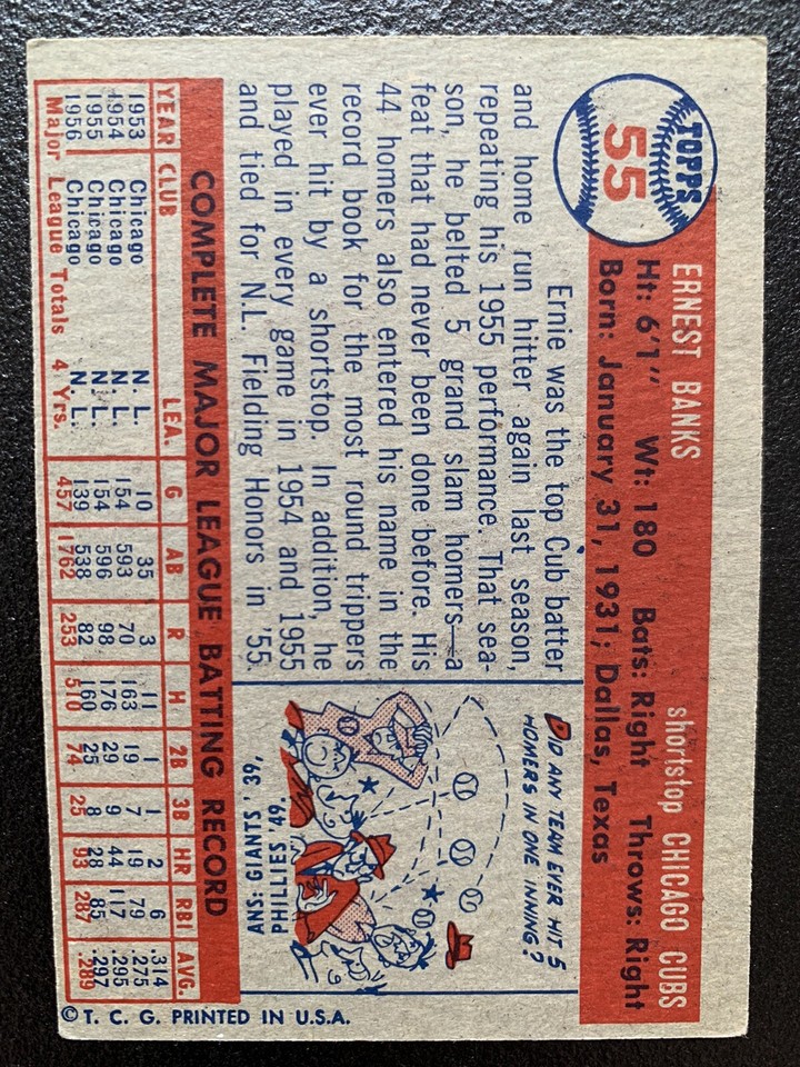 1957 TOPPS Ernie Banks Chicago Cubs #55 Baseball Card RARE Red Line ...