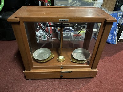 Fisher Scientific Company Antique Balance Scale Glass & Wood Case Brass ...