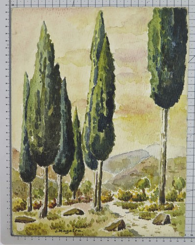 Landscape with Cypresses Signed Magalon Old Watercolor Painting BM53.6D ...