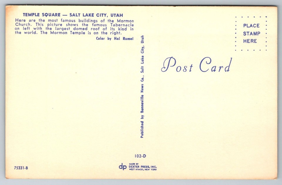 Postcard Salt Lake City Utah UT Temple Square Souvenir Card | eBay