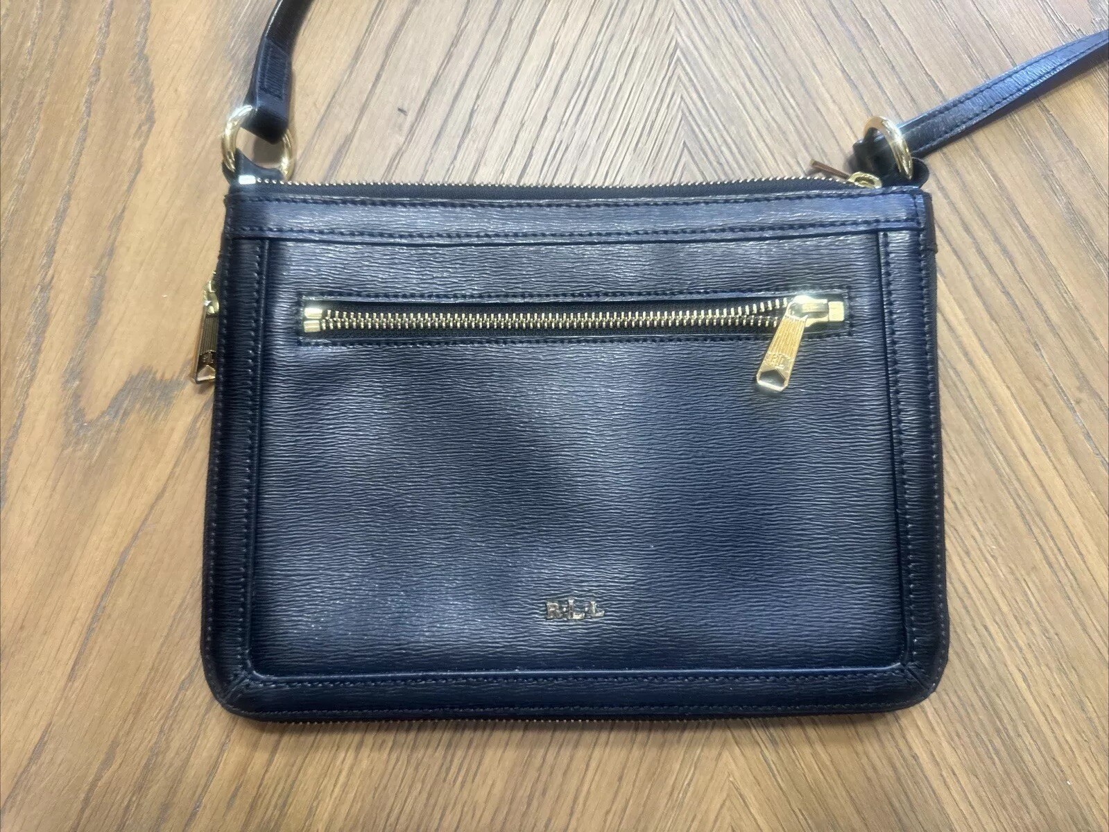 LRL RALPH LAUREN Black LEATHER PURSE Shoulder BAG Blue Edge Around Zip ...