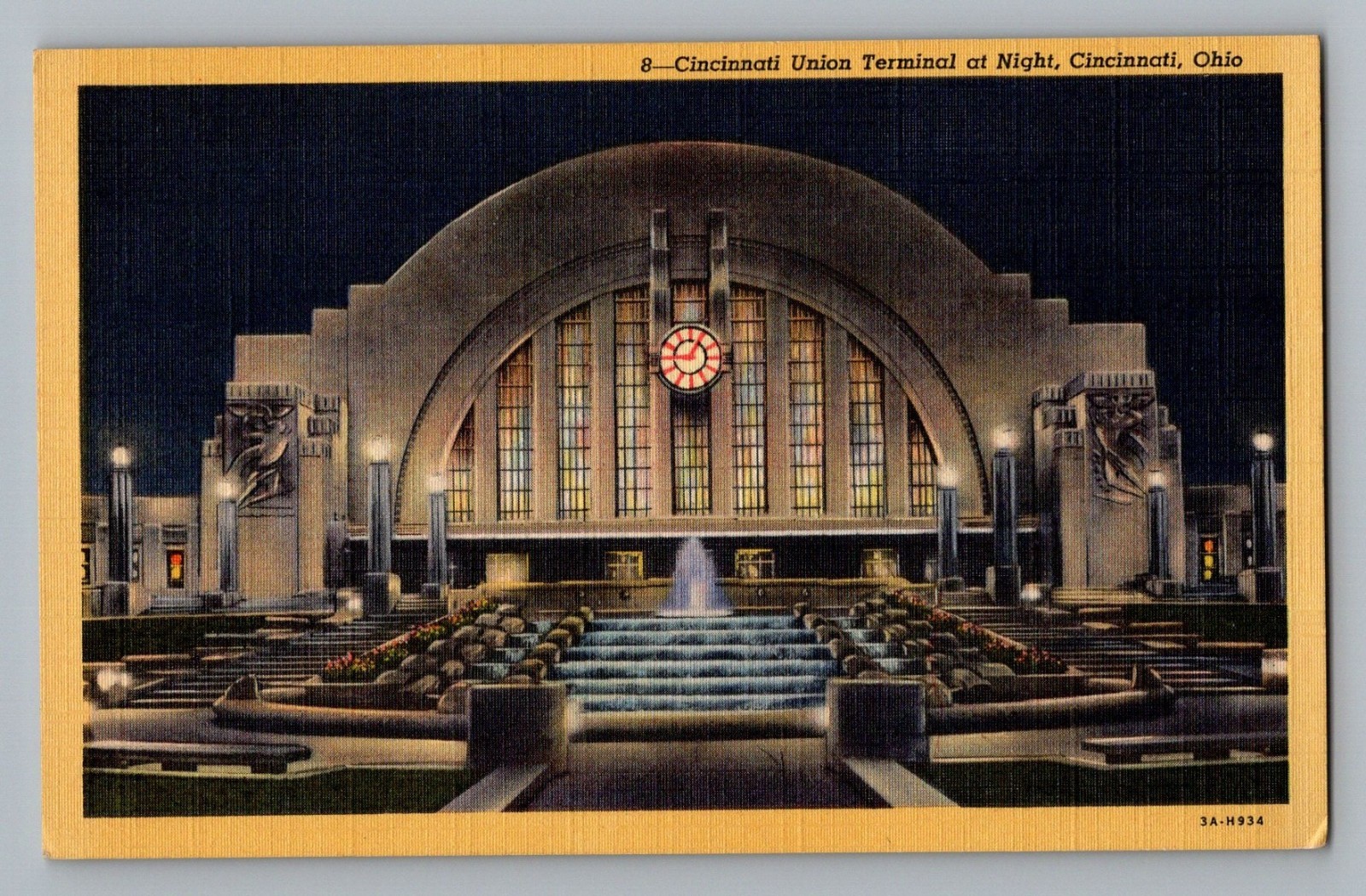 Cincinnati Ohio Union Terminal At Night Curt Teich Vintage Linen ...