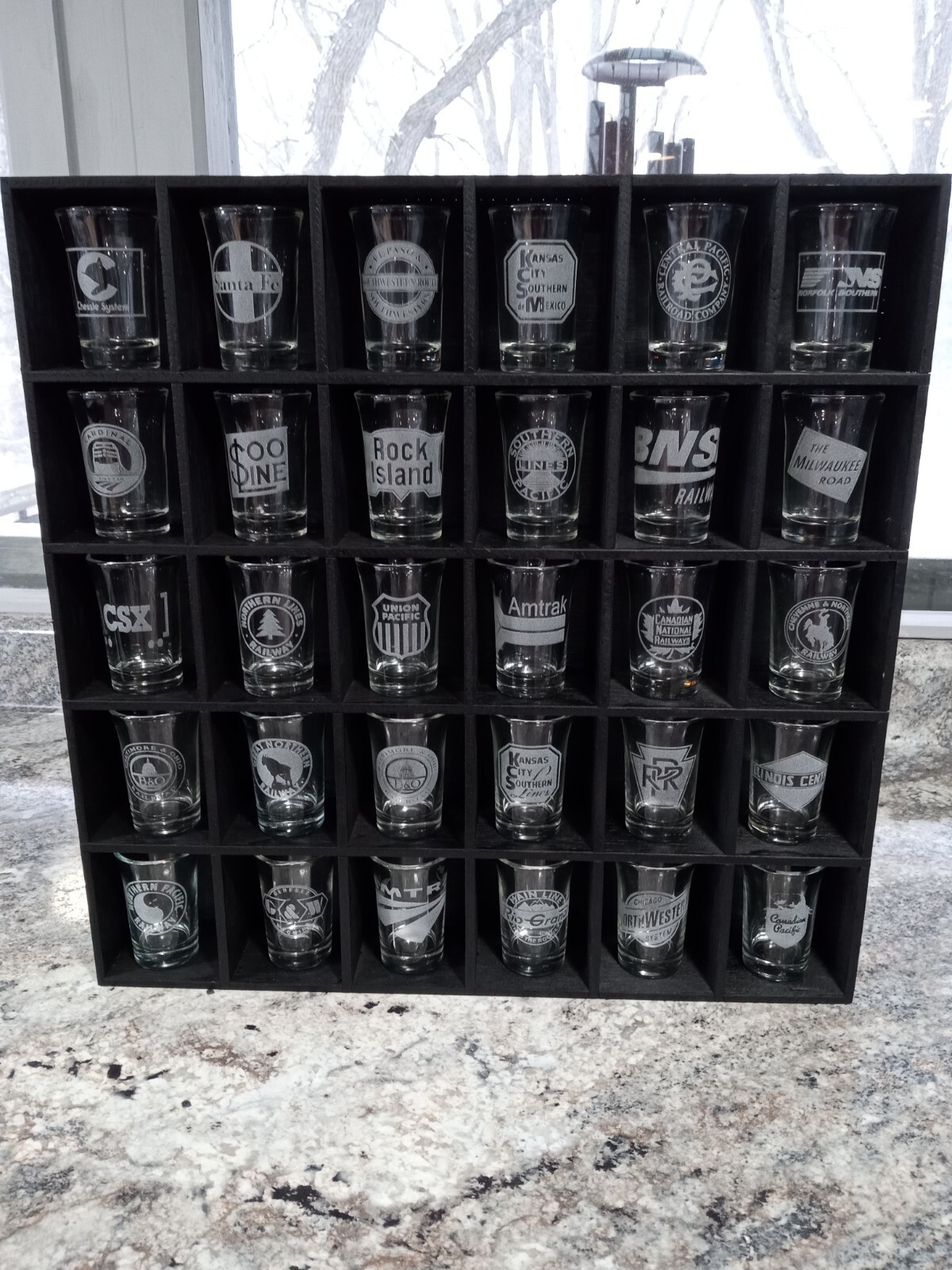 30 Etched Glass Railroad Shot Glasses With Display Case BNSF CP UP NS ...