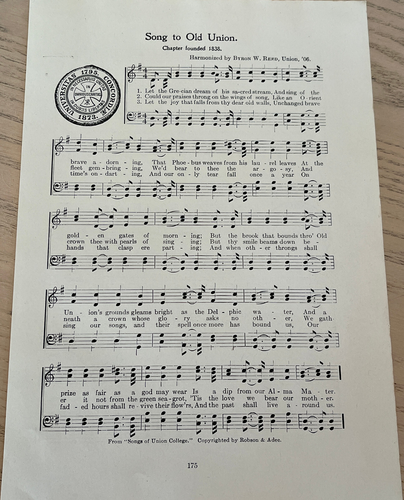 VTG. UNION COLLEGE song Sheet -"SONG TO OLD UNION' c37 music W/SEAL ...