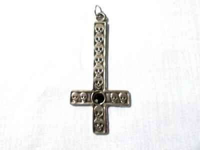 Pewter Satanic Inverted Cross with Skulls and Black Crystal 3" Pendant ...