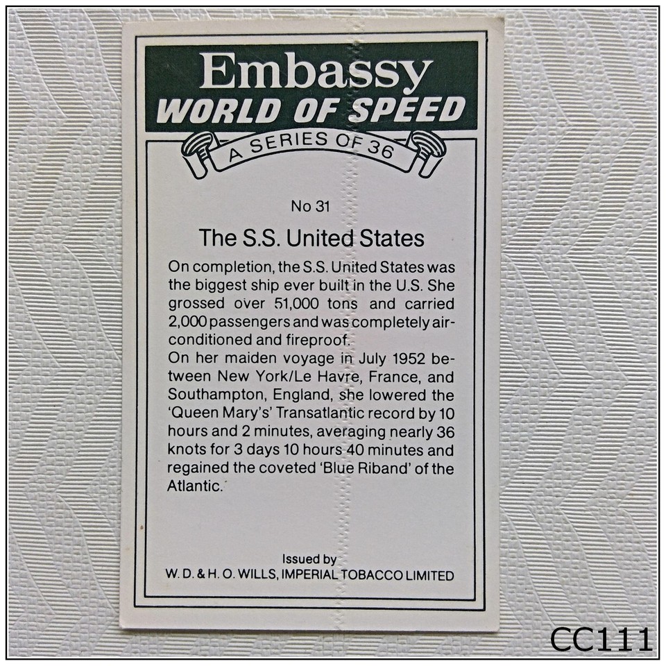 Wills Embassy World Of Speed #31 The S.S. United States Cigarette Card ...