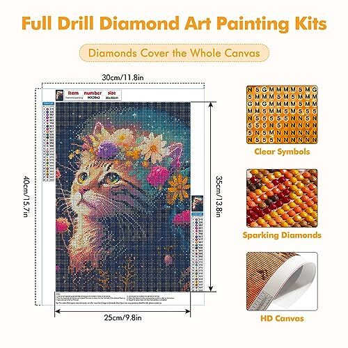 Cat Diamond Art Kits for Adults, Full Drill Flowers Cat Diamond Art ...