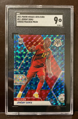 2021 Panini Mosaic UEFA EUro Jeremy Doku #11 Rookie Peacock Prizm SGC 9 ...