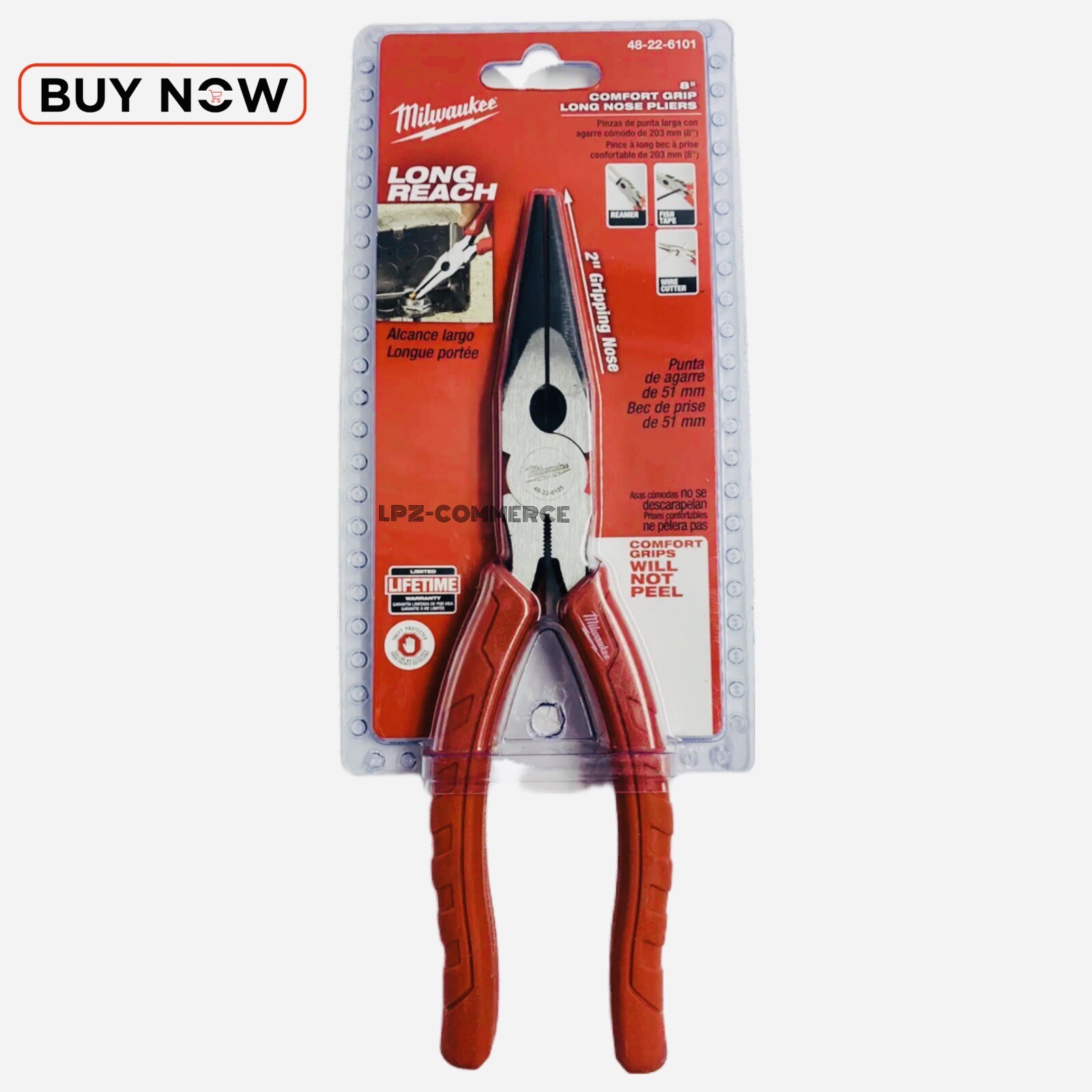 Milwaukee 48-22-6101 8 inch Long Nose Pliers Comfort Grip - Red ...