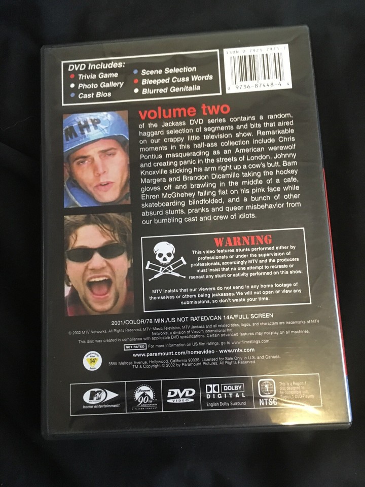 Jackass Volume Two (DVD, 2001, Full Screen) Not Rated MTV Collection ...