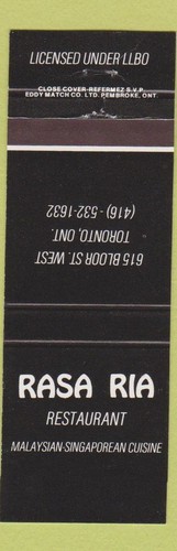 Matchbook Cover - Rasa Ria Restaurant Malaysian Toronto ON | eBay