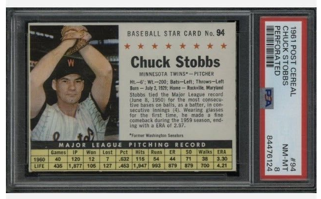 1961 Post Cereal Chuck Stobbs Perforated #94 PSA 8 NM MT Low Pop Only 5 ...