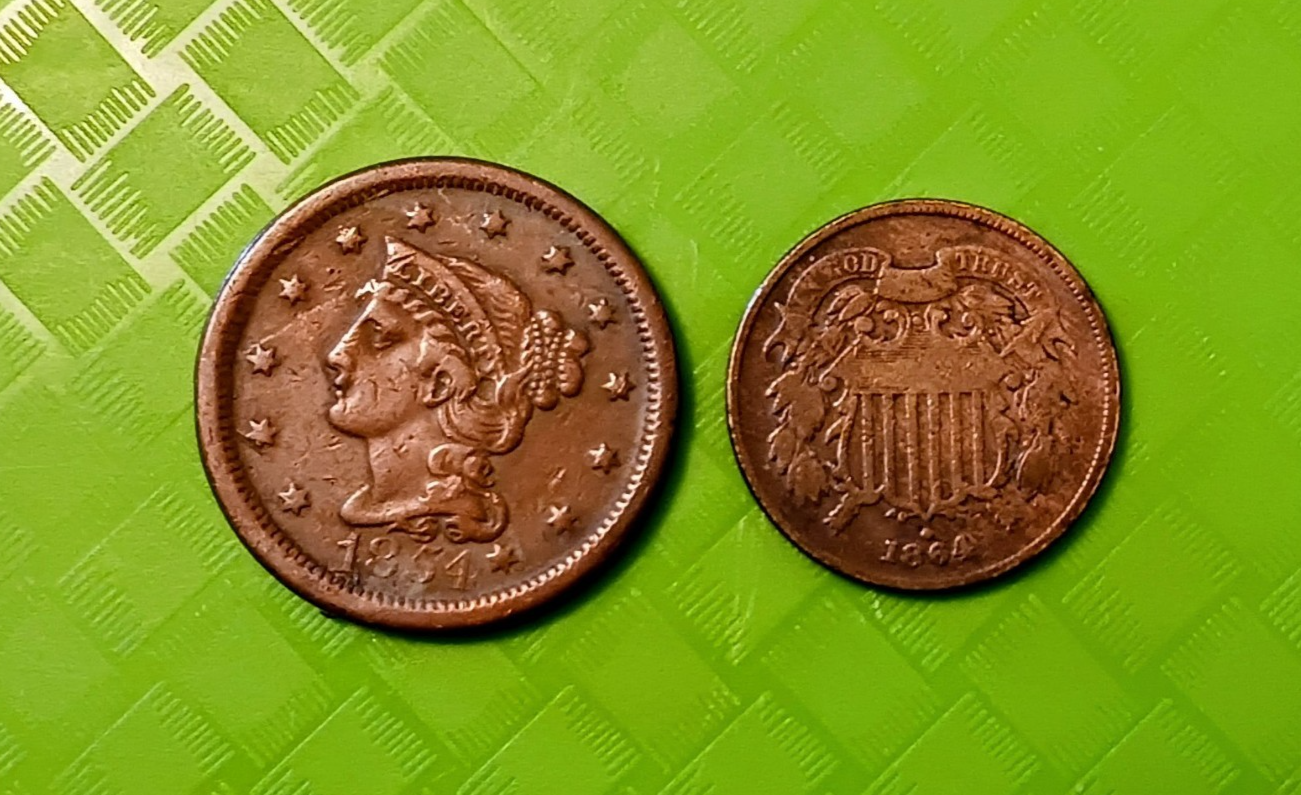 1854 Braided Hair Large Cent & 1864 Two Cent Coin Lot Of Two | eBay