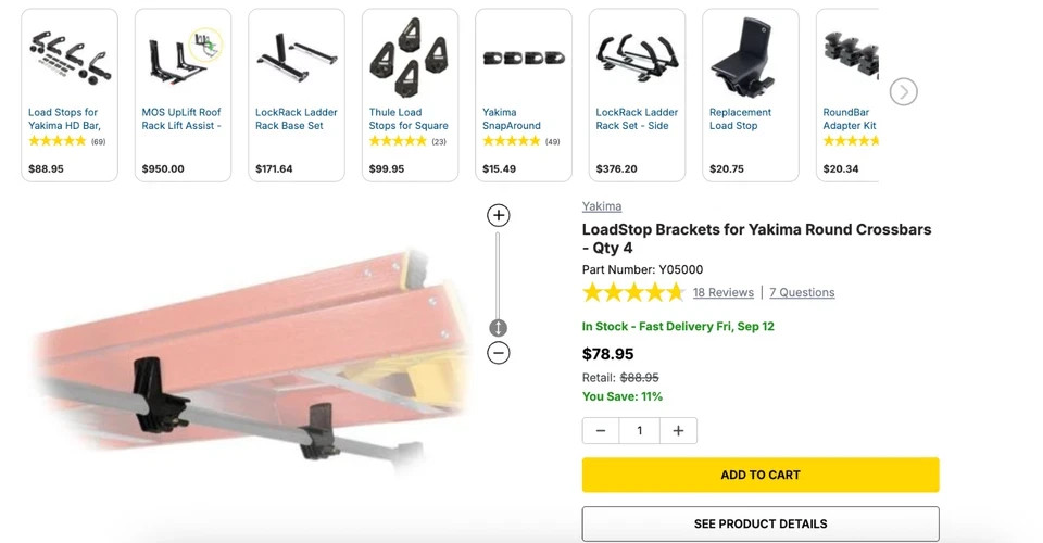 Set of 4 Yakima LoadStop Canoe Gunwale Brackets Round Bar Roof Rack ...