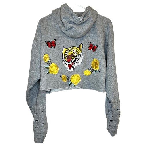 American Vintage Embroidered Tiger Raw Hem Distressed Crop Hoodie Gray ...