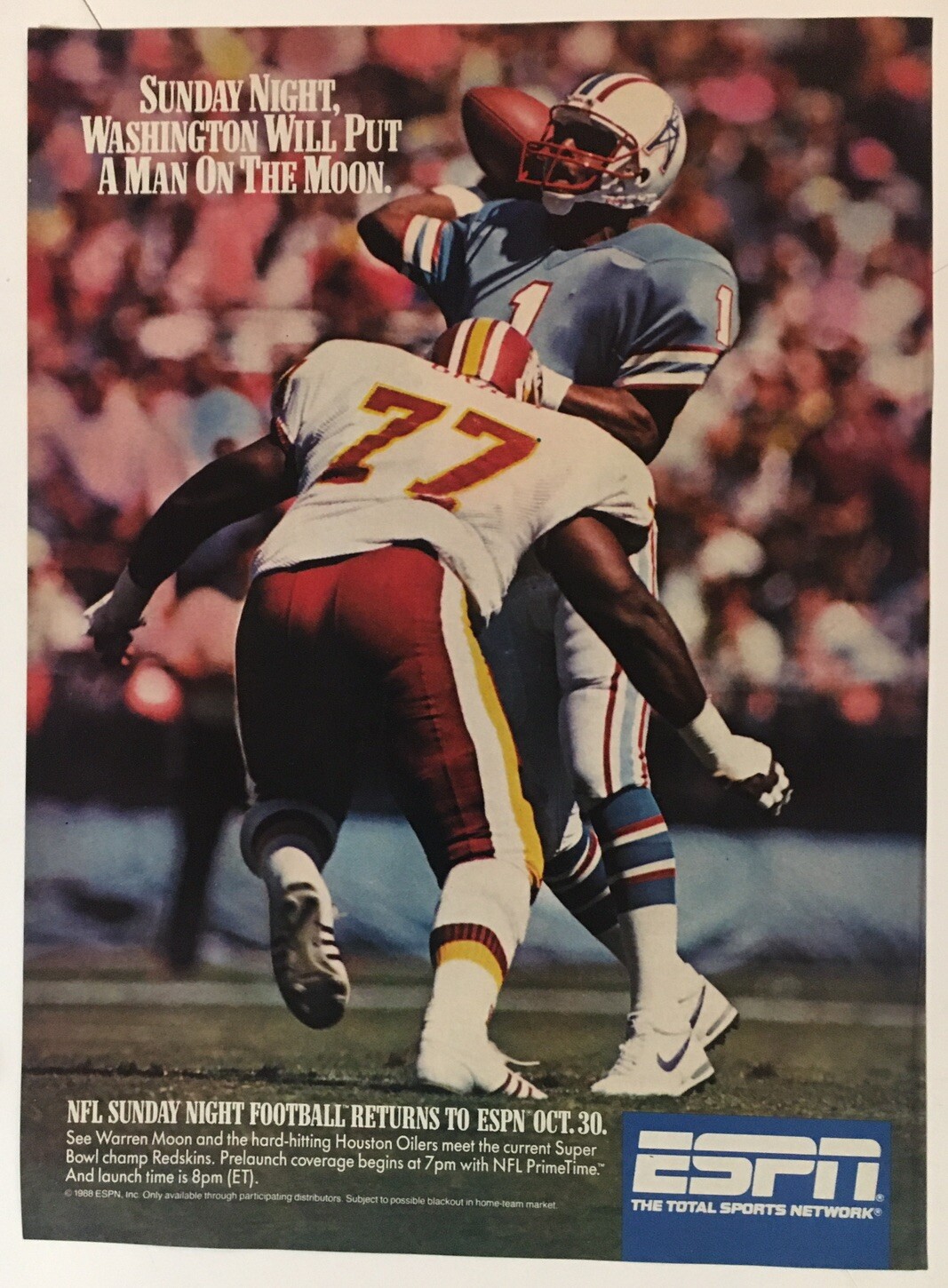 Warren Moon Oilers Redskins ESPN 1988 Vintage Print Ad 7.5x10.5In. Wall ...