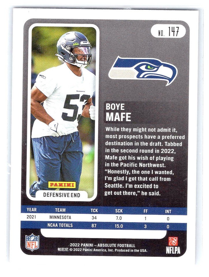 2022 Panini Absolute #147 Boye Mafe /499 Red Squares Football Seattle ...