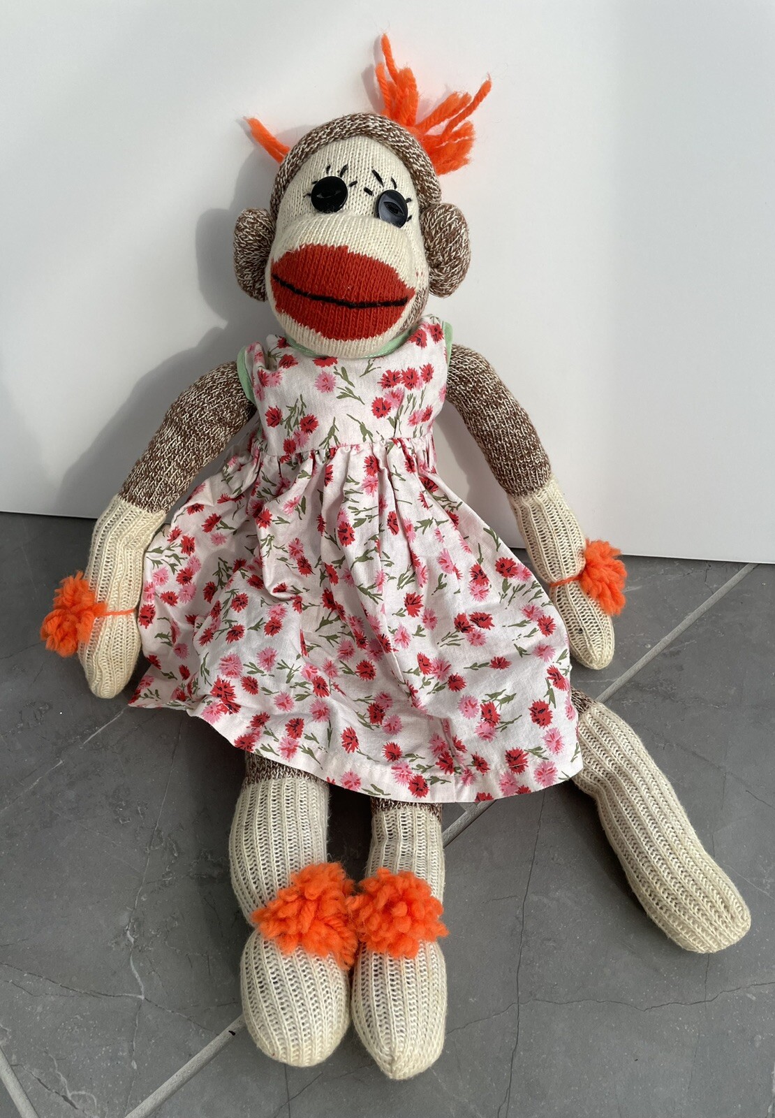Adorable Vintage Hand Made Sock Monkey Doll Floral Sundress 17" Orange ...