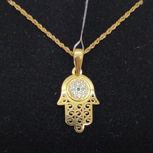 Pendant And Chain Gold 18k. Hands Of Hamsa Fatima With Zircons White ...