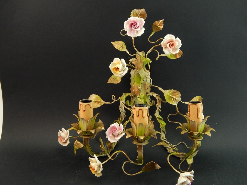 Wall Three Burner Antique Liberty Wrought Iron & Rose Ceramics ...