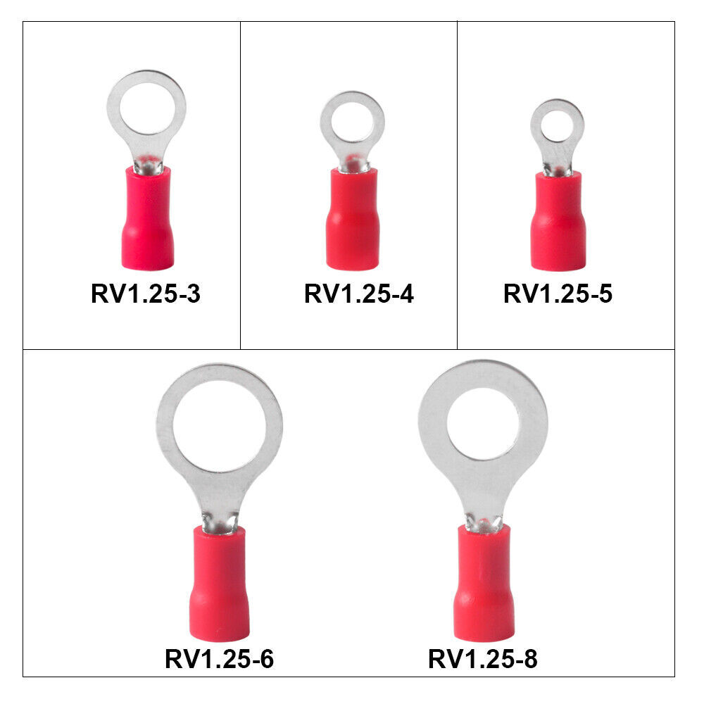 Red Wire Ring Terminals Vinyl Insulated 22-16 AWG Connectors M3-M8 Stud ...
