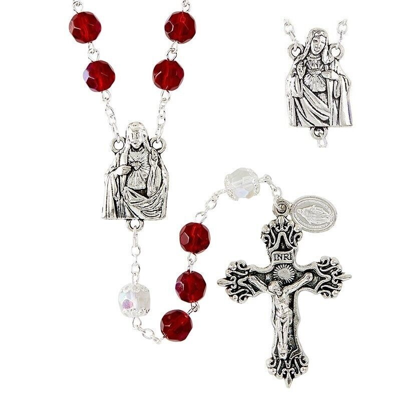 Red Sacred Heart of Jesus & Immaculate Heart Mary Centerpiece Rosary ...