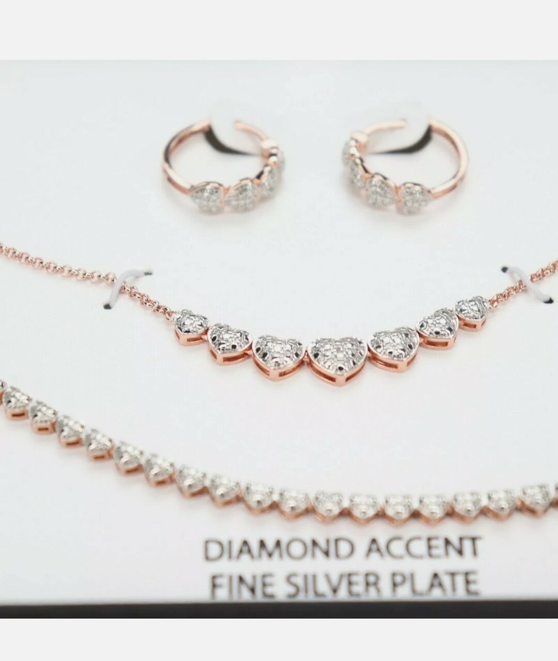 Macy's Diamond Accent Rose Gold Sterling Silver Plated Necklace Set ...