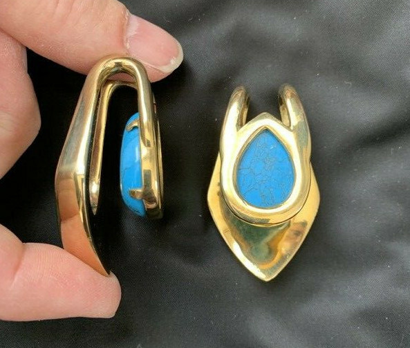 PAIR 3/4" INCH EAR WEIGHTS BRASS & STONE GAUGES EARRINGS PLUGS TALONS ...