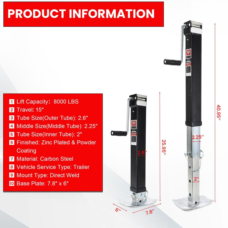 8000lbs Square Direct Weld Heavy Duty Trailer Jack, 15" Lift Side Wind ...