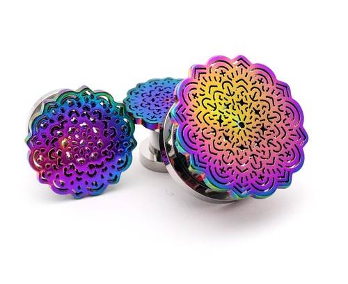Pair of Fancy 316L Stainless Steel Plugs gauges flower dangle tunnels ...