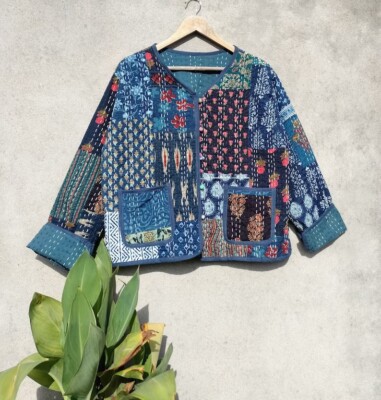 Indian Navy Blue Patchwork Print Cotton Quilted Jacket Unisex Party ...
